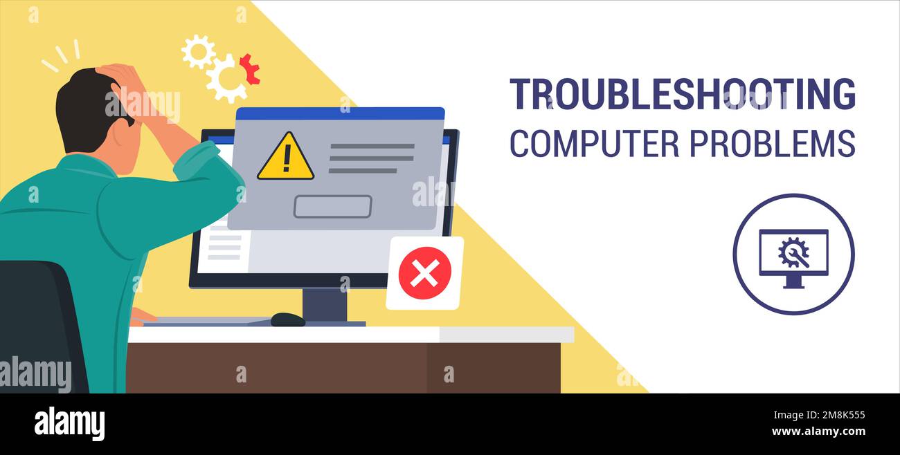 Man sitting at desk and using a computer, he receives an error message ...