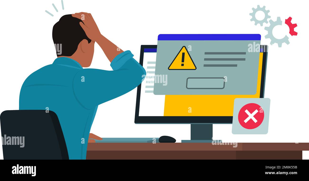 Man sitting at desk and using a computer, he receives an error message ...