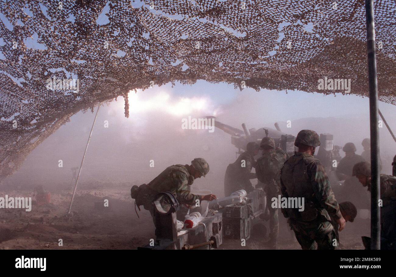 Left rear view, camera under camouflage netting. An M198 155 mm ...