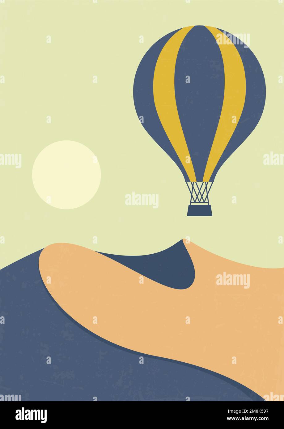 Air balloon in desert sky, sunny dunes illustration poster. Cappadocia ...