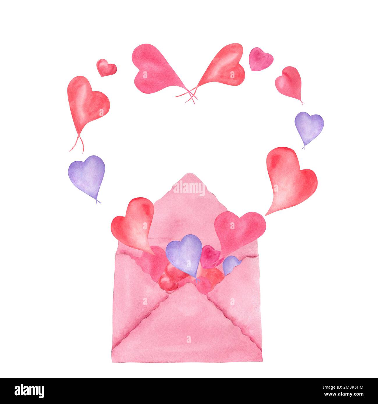 Watercolor romantic hearts with love letter isolated on white ...