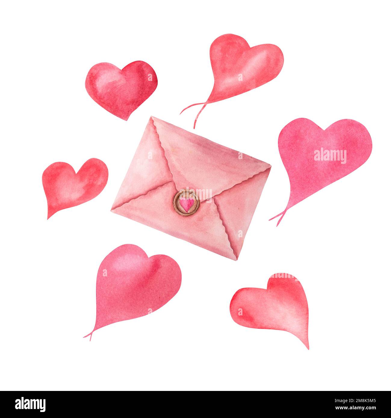 Watercolor romantic hearts with love letter isolated on white ...