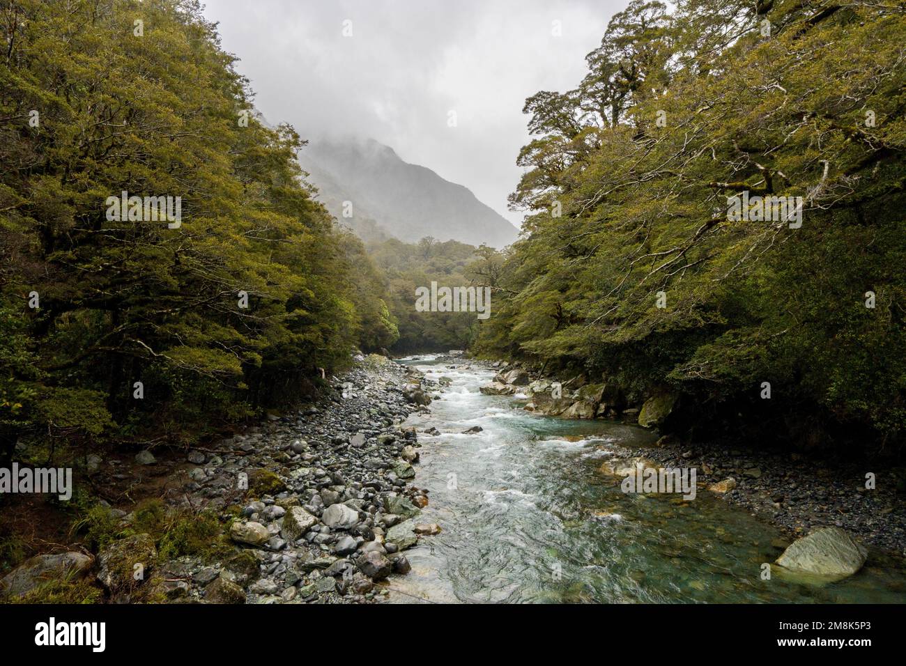 A landscape view with Mirror Lakes on a gloomy day, snowy mountains and ...