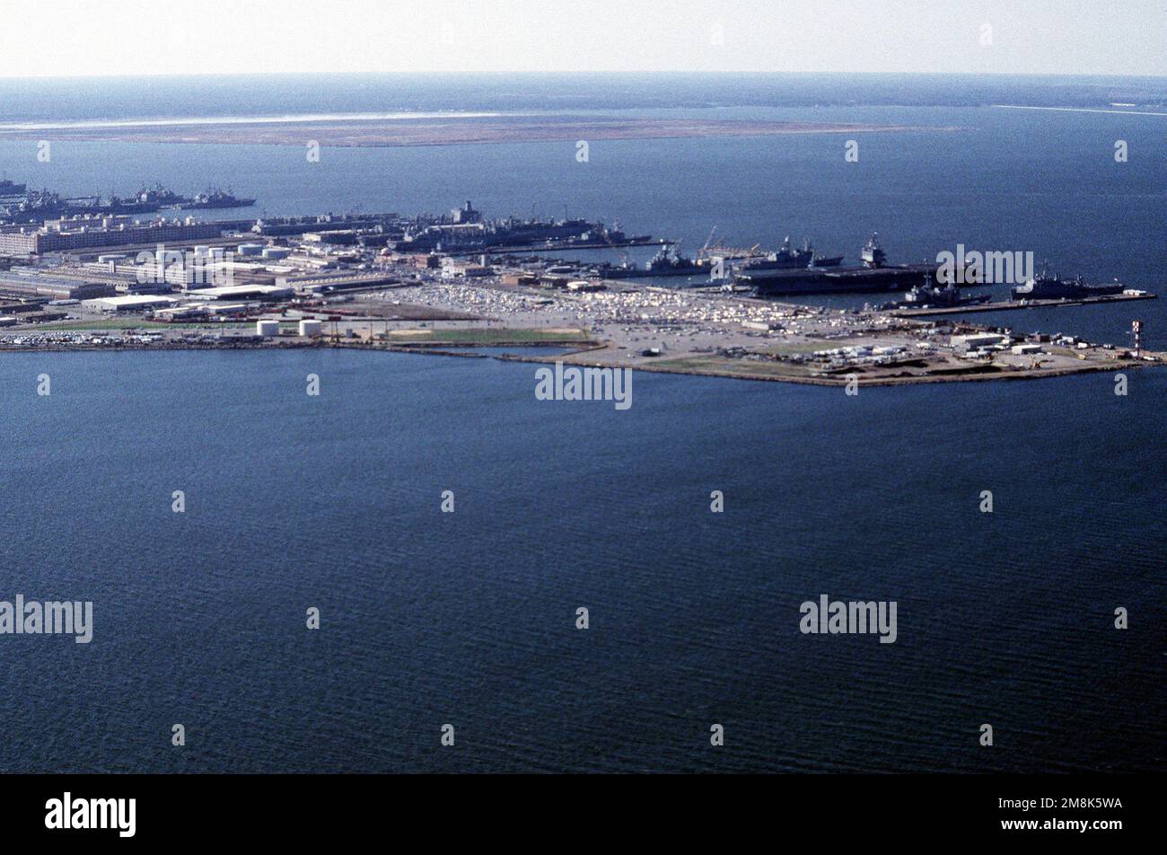 An aerial view of the north end of the Norfolk Naval Station showing ...