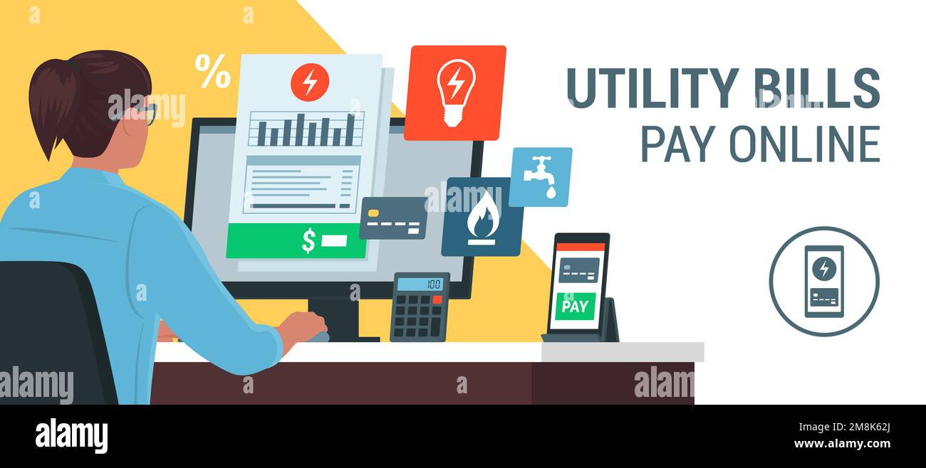 Woman sitting at desk and paying utility bills online using her ...