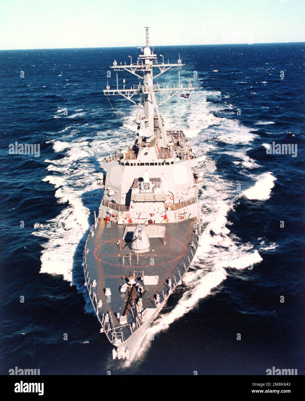 An aerial bow-on view of the guided missile destroyer USS Ramage (DDG ...