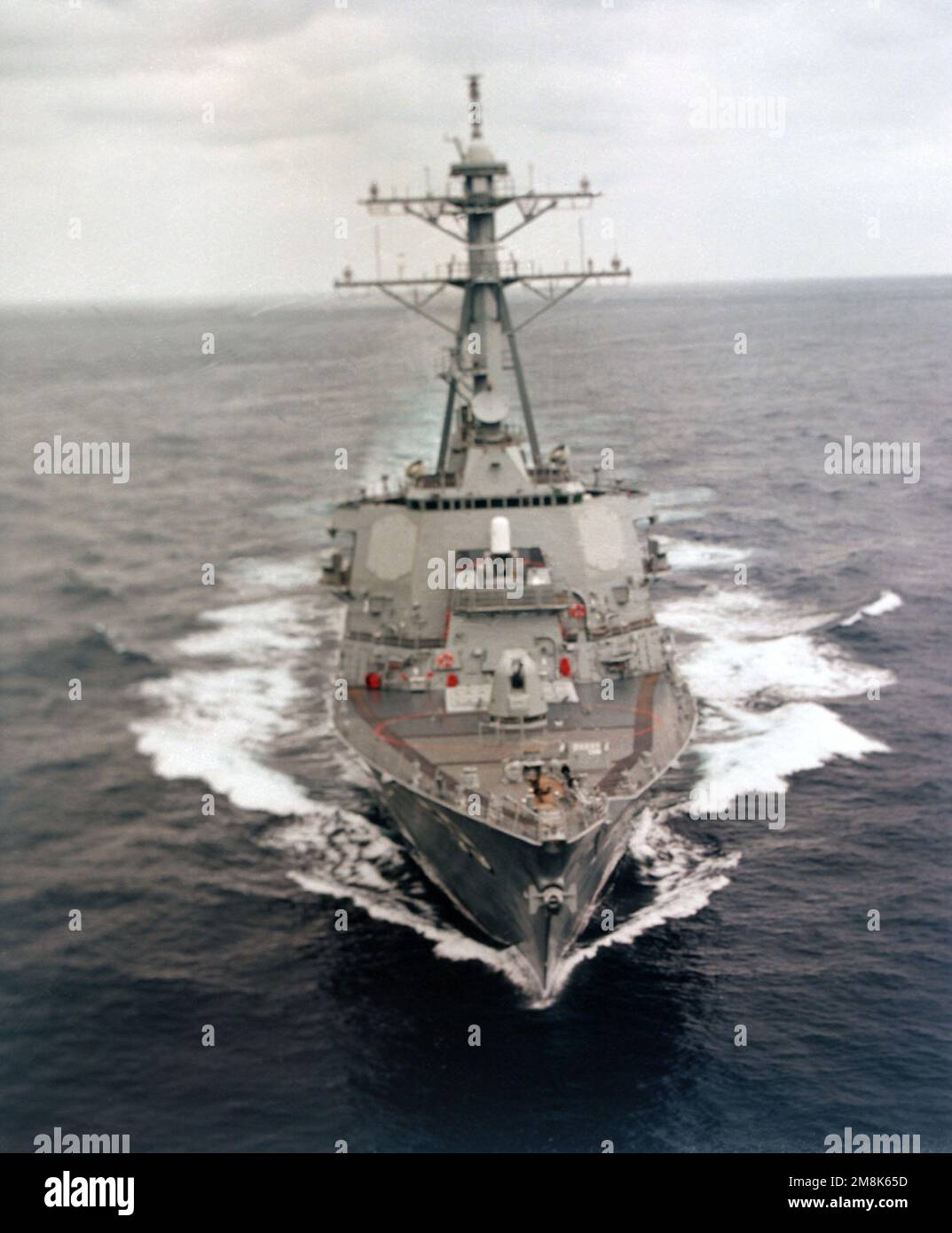 An aerial bow on view of the guided missile destroyer USS Russell (DDG ...