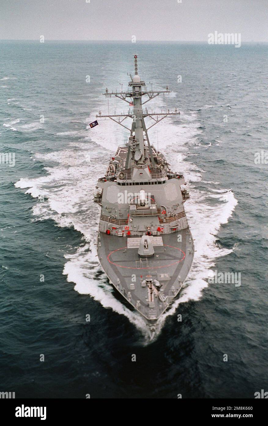 An aerial bow-on view of the guided missile destroyer USS Stethem (DDG ...