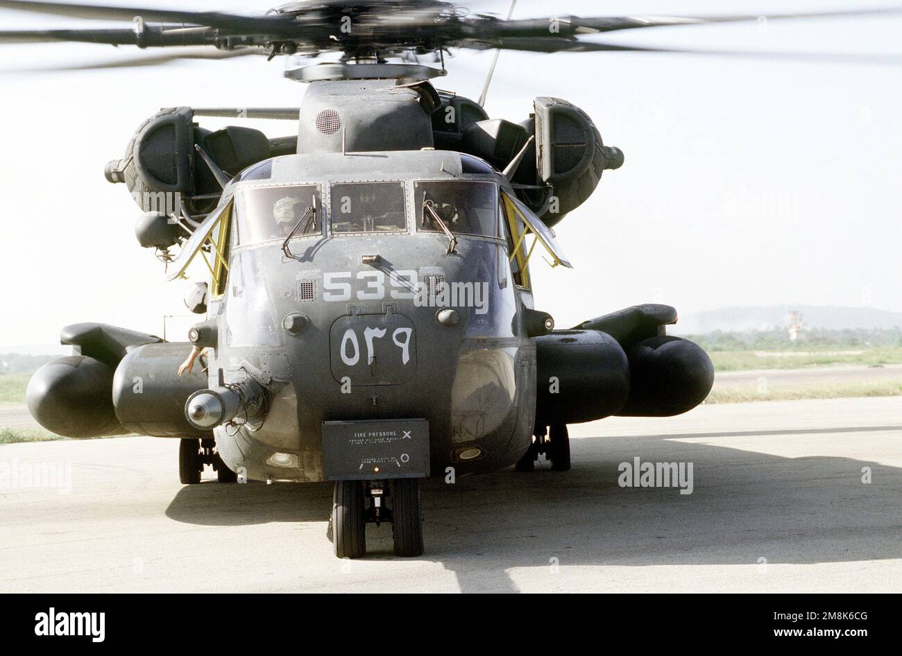 Close front on view of a U.S. Navy CH-53E Sea Stallion helicopter as ...