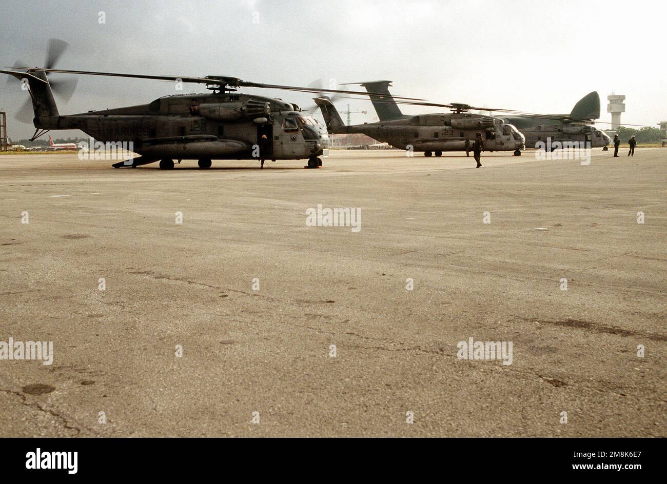 US Marine Corps CH-53 Sea Stallion helicopters taxi to a parking spot ...