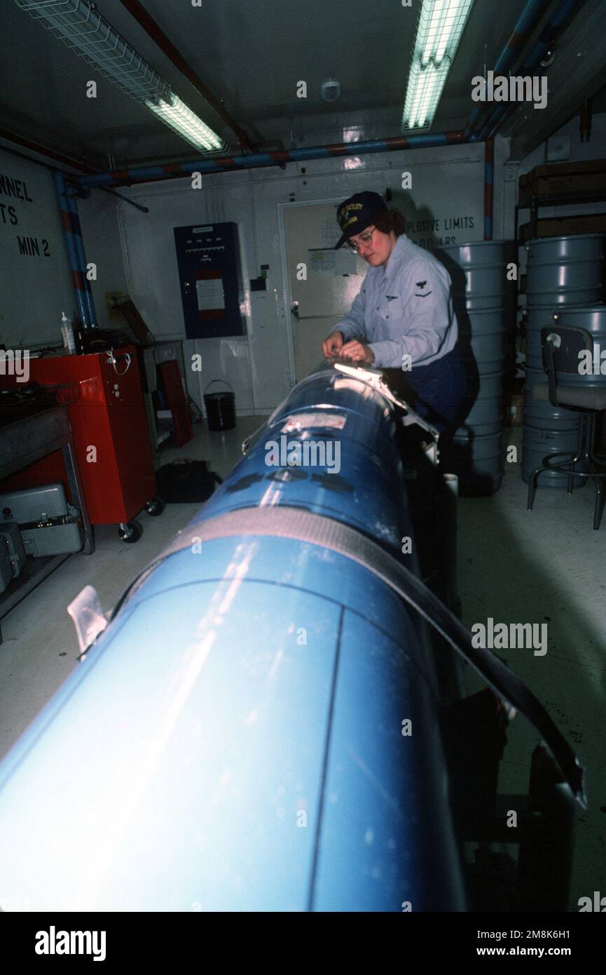 Aviation Ordnanceman Third Class (AO3) Fox makes adjustments on a Mark ...