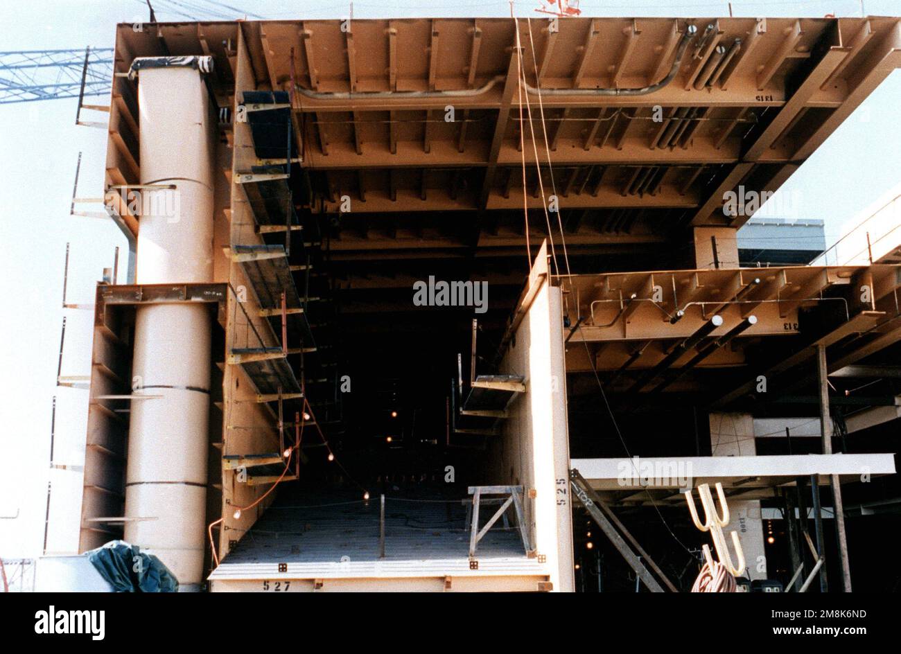 A view from forward, looking aft, of the interior ramp construction on ...