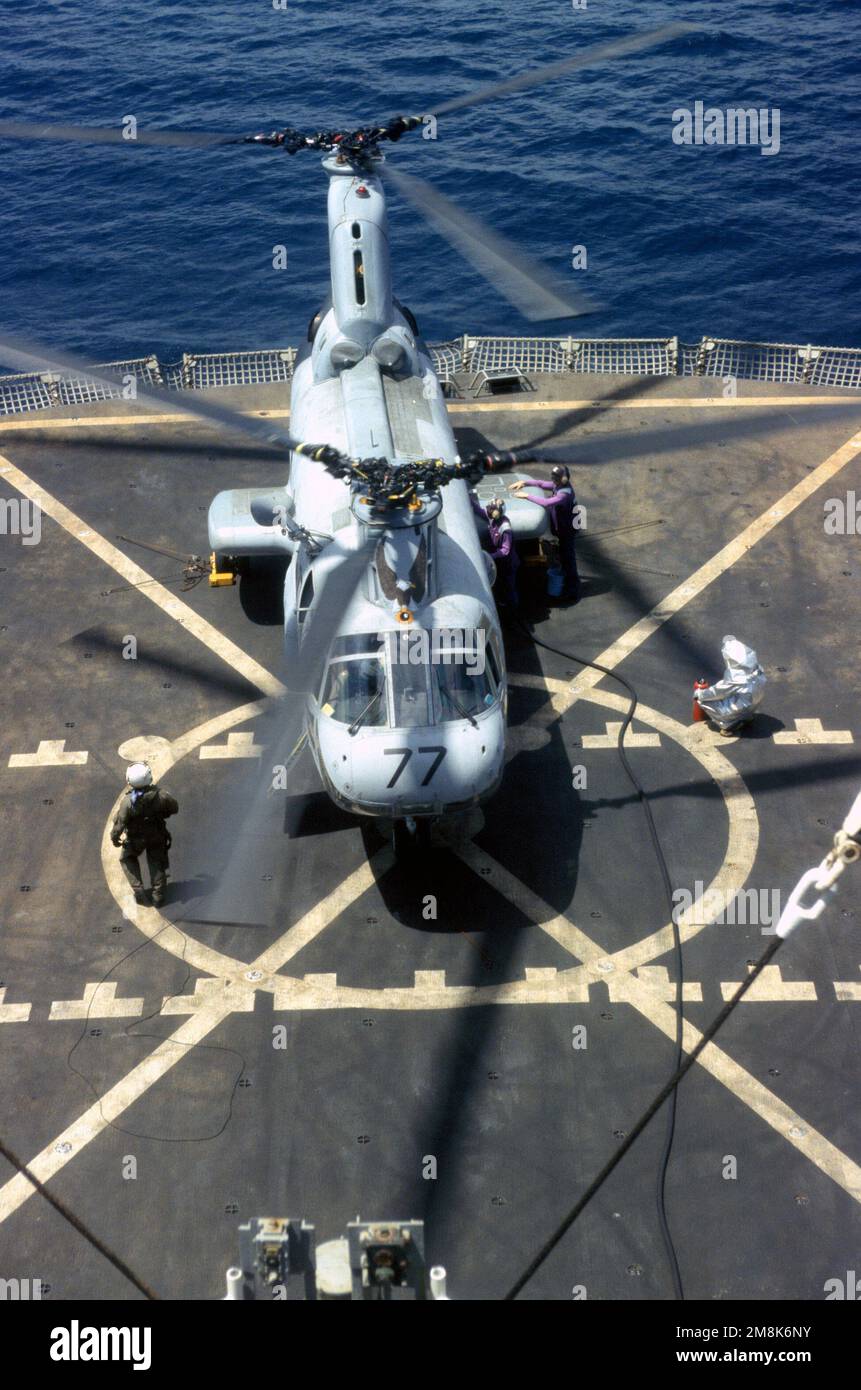 Operation UNITED SHIELD. A US Navy CH-46 Sea Knight helicopter is ...