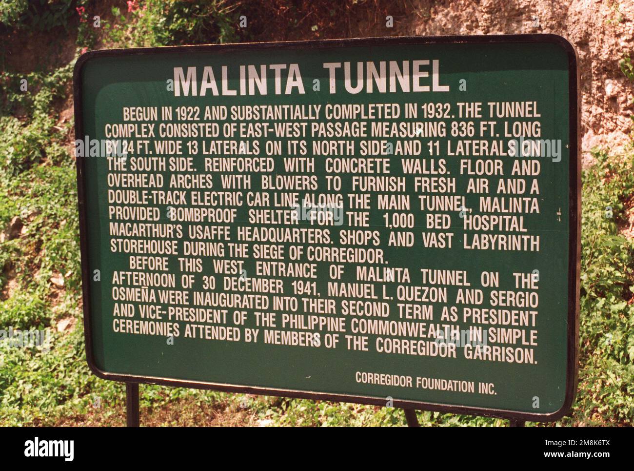 A historical marker indicating an entrance to the famous Malinta Tunnel ...