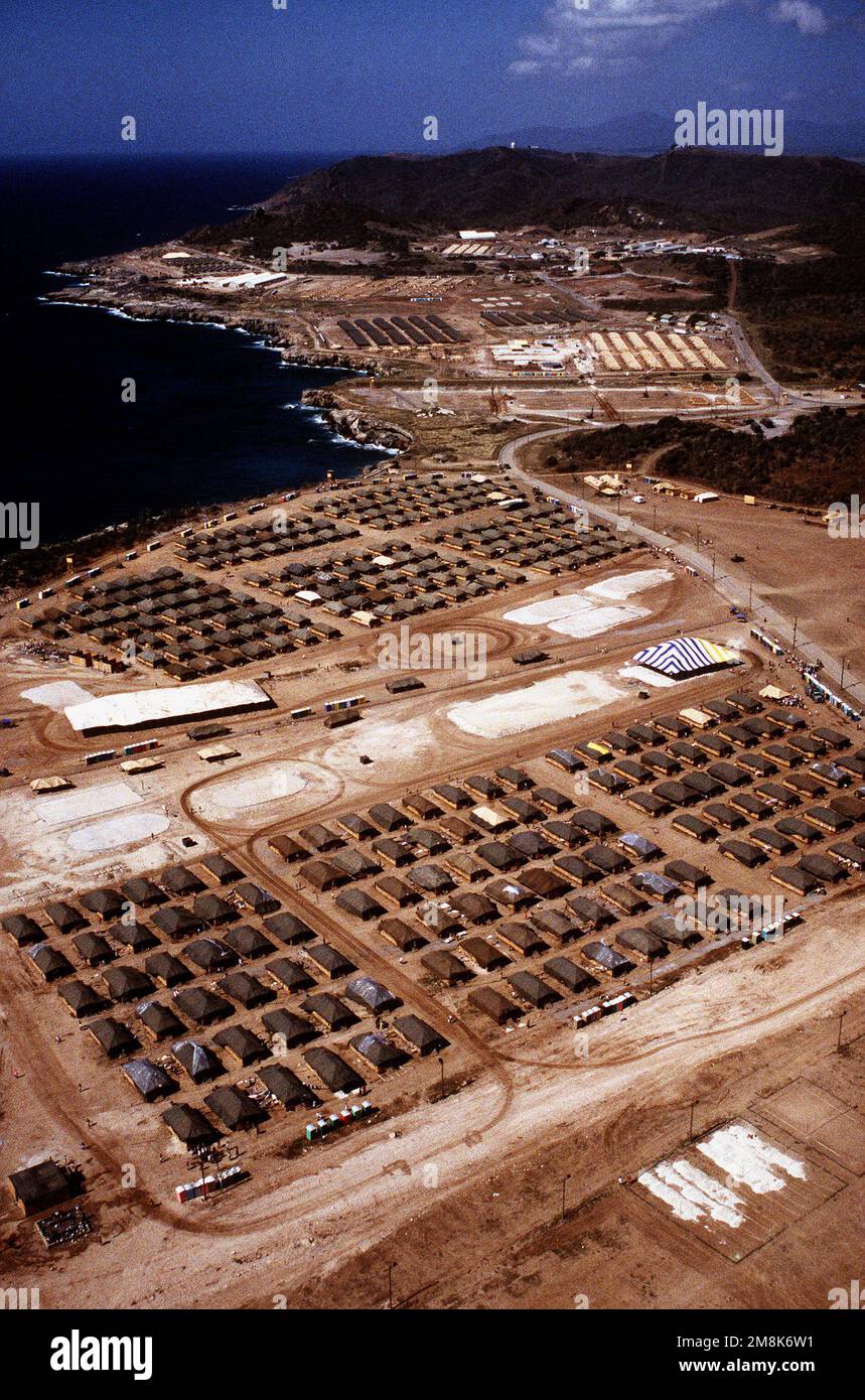 An aerial view of the migrant camps on Bulkeley Field. Subject ...