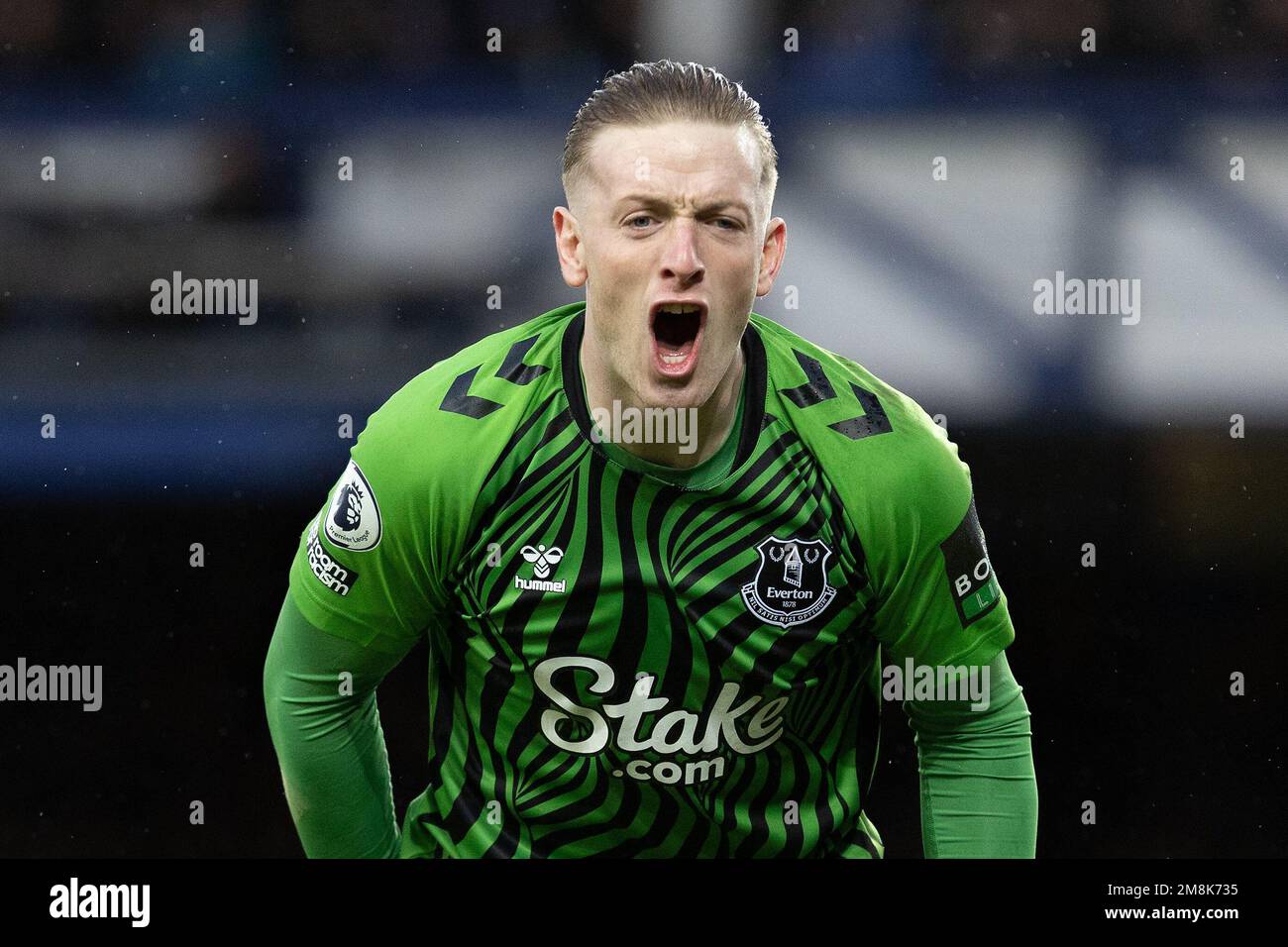 Jordan Pickford #1 of Everton shouts during the Premier League match ...
