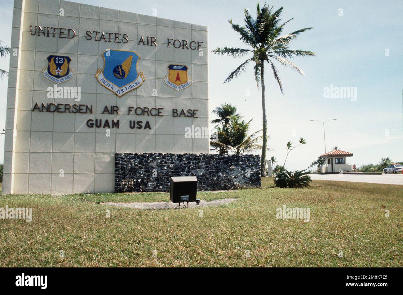 A close-up view of the base sign displaying the 13th Air Force and 36th ...
