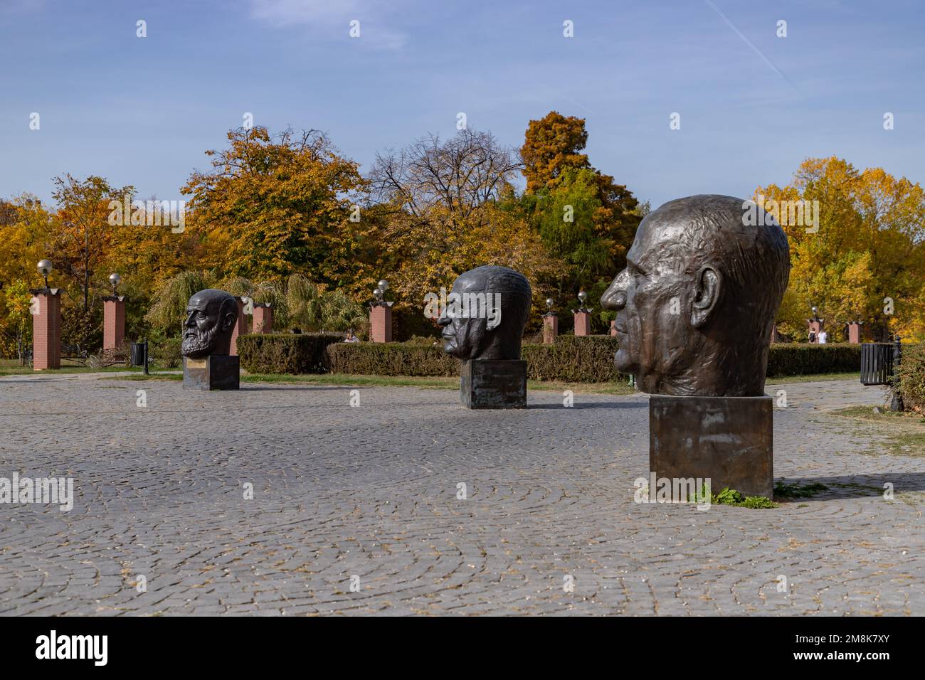 A picture of multiple head statues of the European Union Founders ...