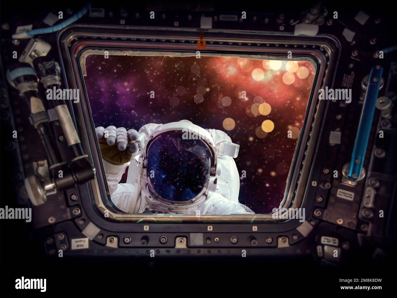 View from a spaceship window with an astronaut knocking starry bokeh ...
