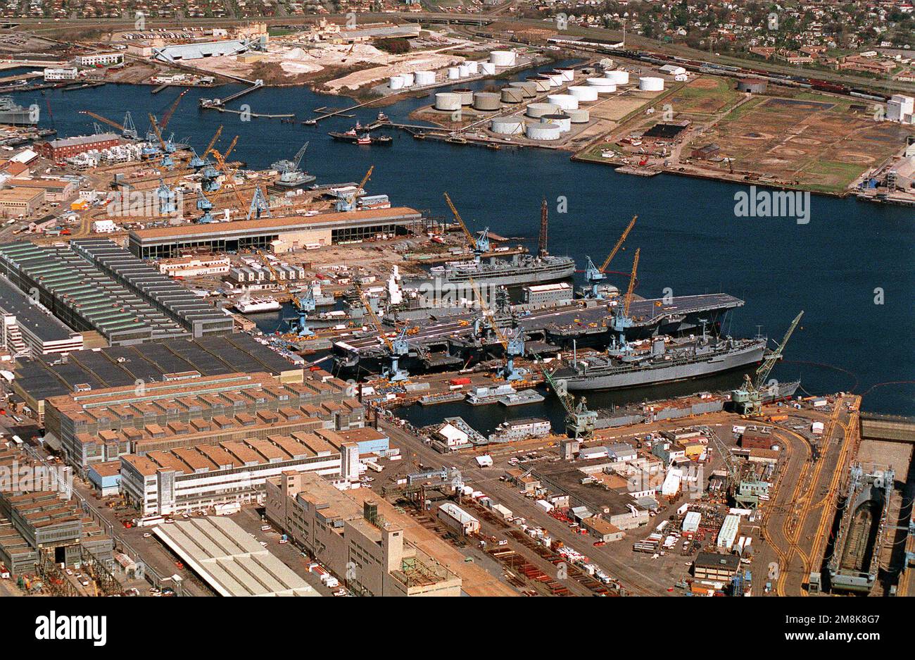 Aerial view of the Norfolk Naval Shipyard on the Elizabeth River. Ships ...