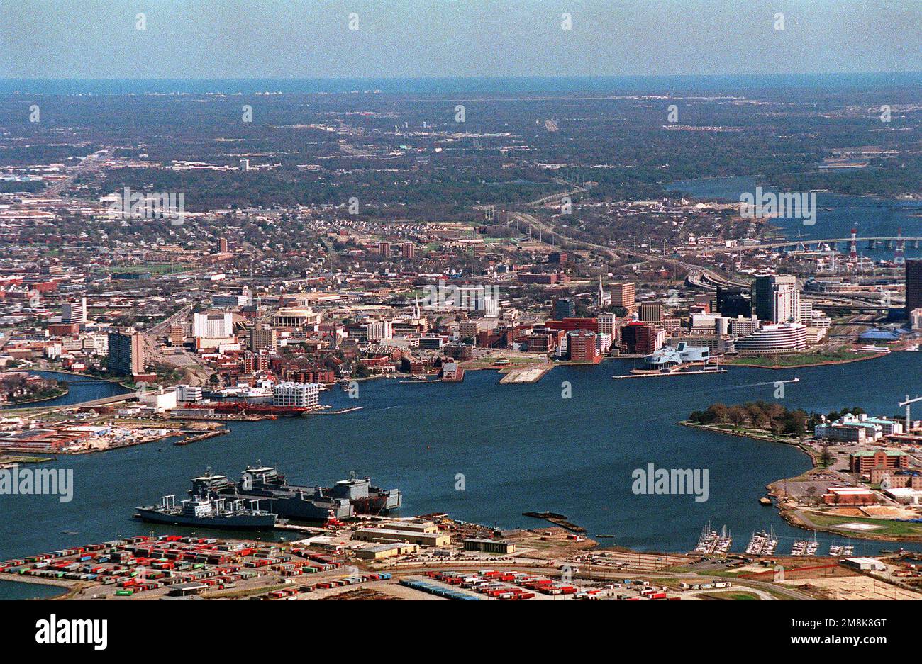 An aerial view of the city of Norfolk located on the Elizabeth River in ...