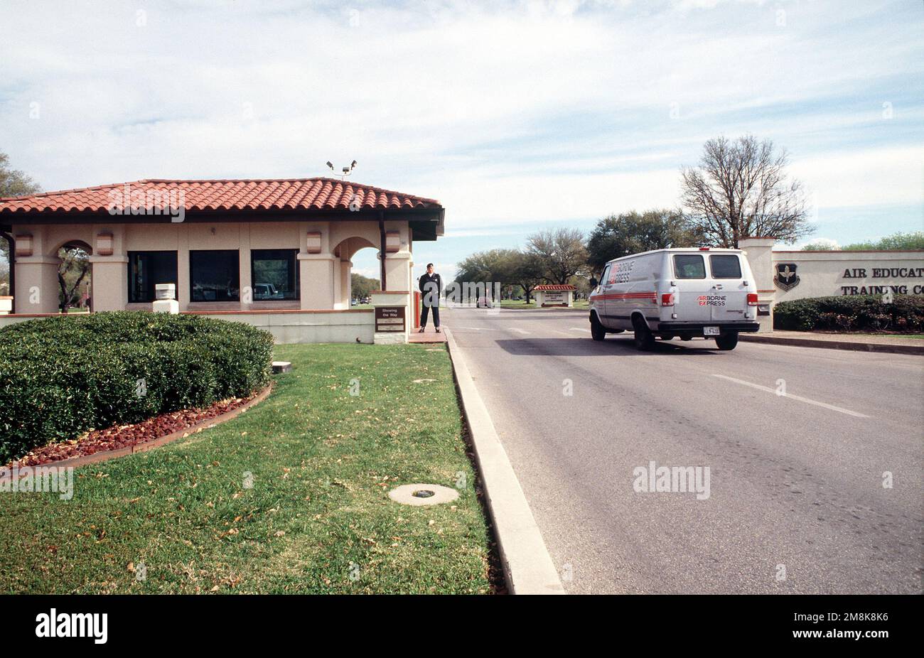 A medium-range view of the main gate. Base: Randolph Air Force Base ...