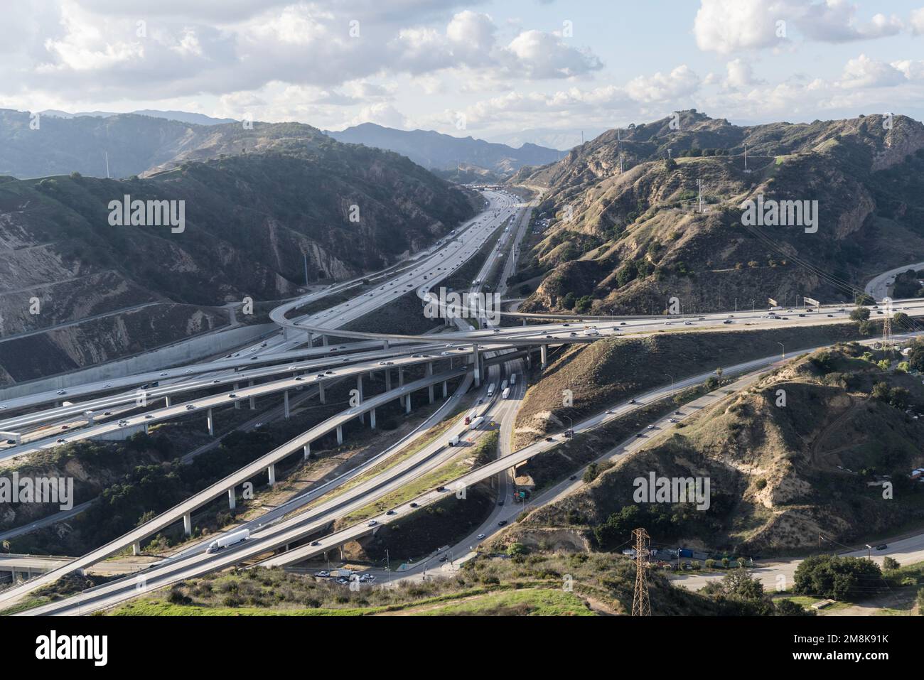 Aerial view of the Golden State 5 and Antelope Valley 14 freeways in ...