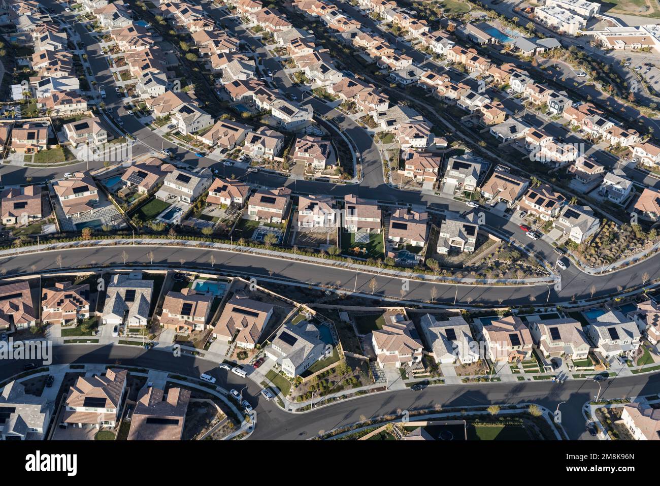 Aerial view of modern suburban homes with rooftop solar in Los Angeles ...
