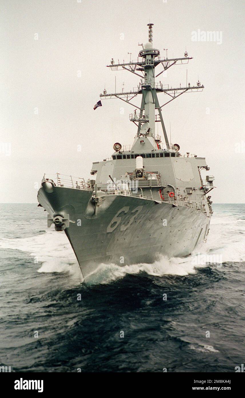 An aerial port bow view of the guided missile destroyer USS STETHEM ...