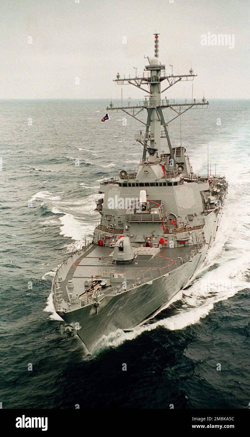 An aerial port bow view of the guided missile destroyer USS STETHEM ...