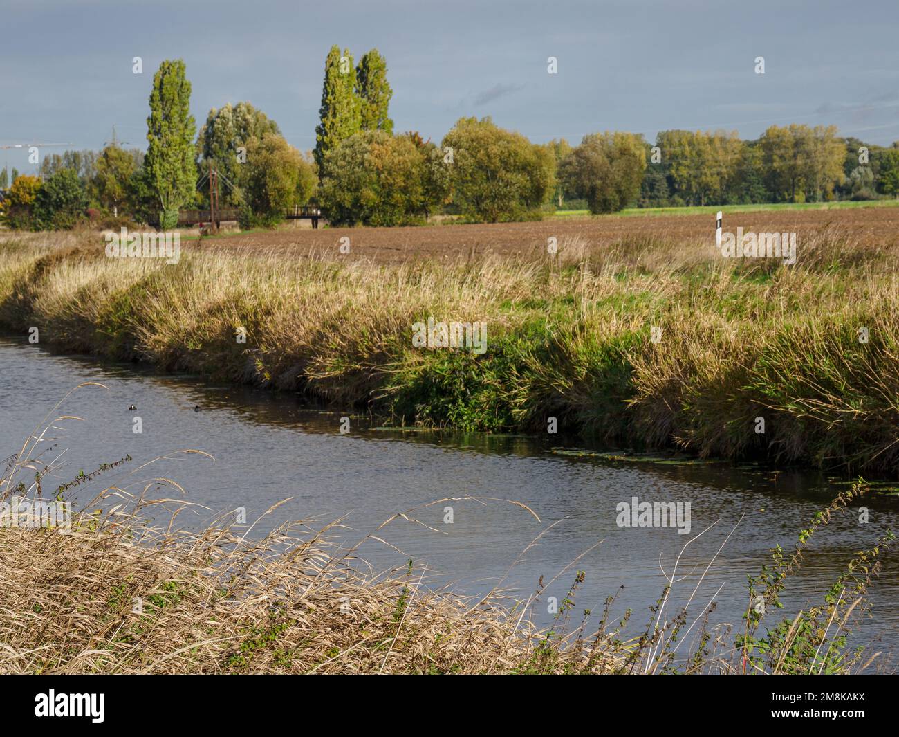 A mesmerizing landscape view with a Vechte river through the dry meadow ...