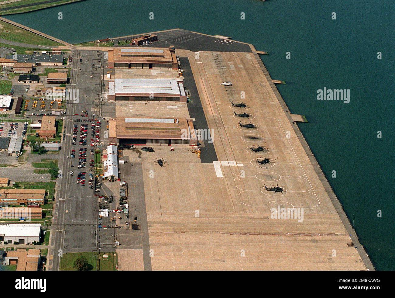 An aerial view, looking north of the old PBY/PBM seaplane hangars at ...