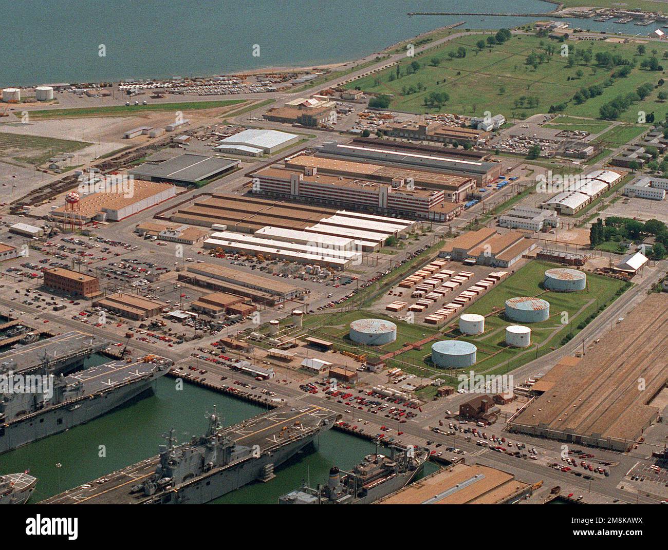 An aerial view of a section of the base showing piers 5 through 9. Tied ...