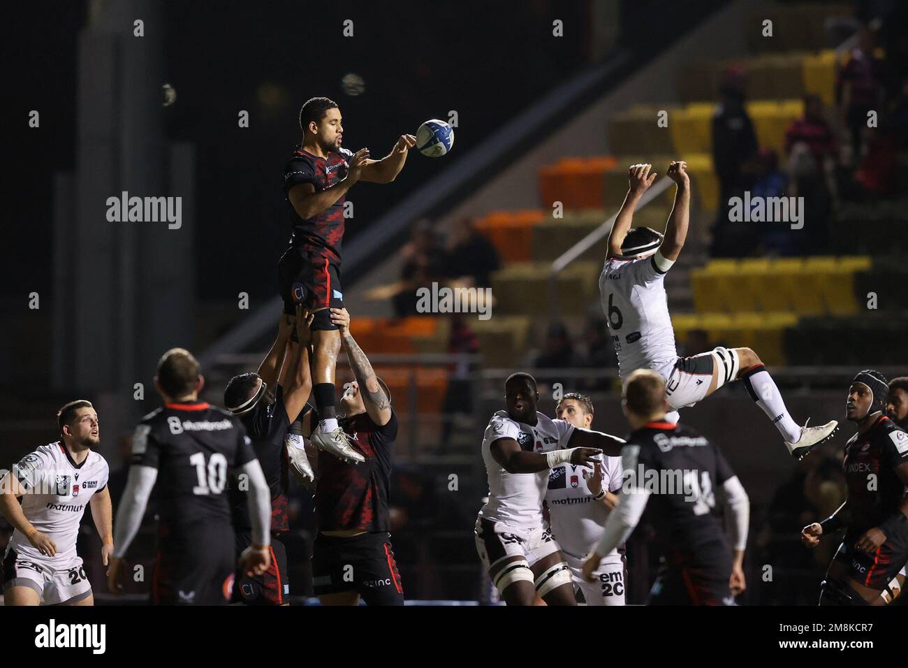 London, UK. 14th Jan, 2023. Andy Christie of Saracens leaps to secure ...