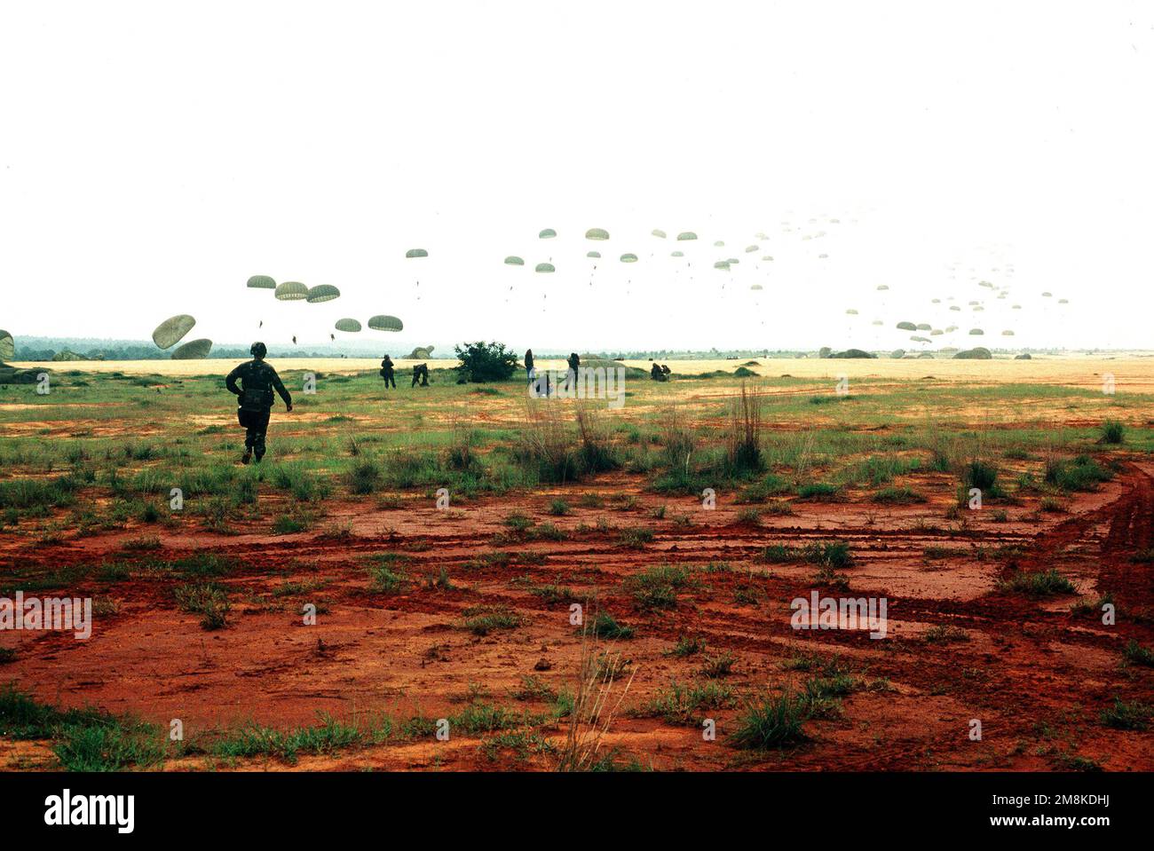 U.S. Army paratroopers from the 82nd Airborne Division parachute from a ...