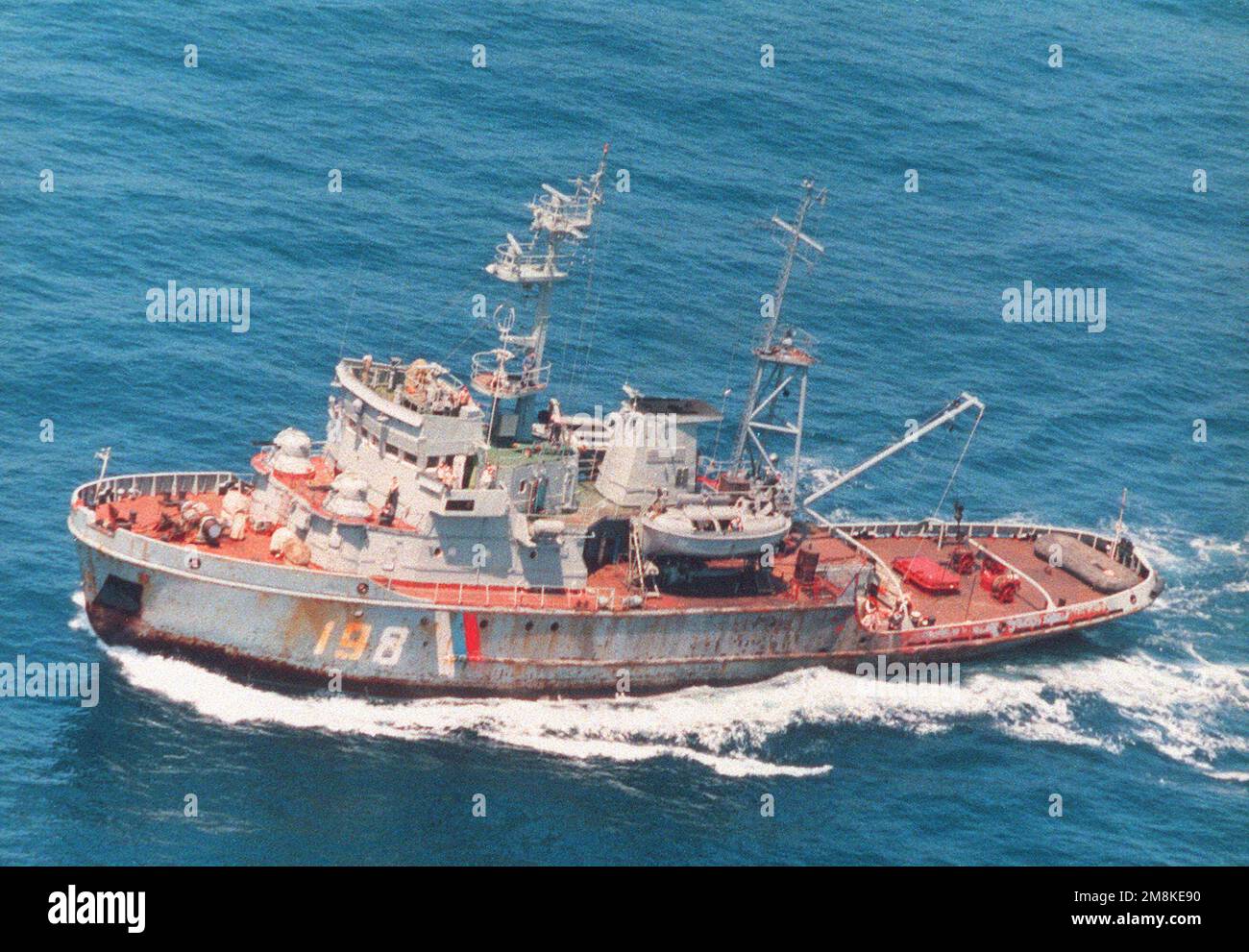 Aerial port bow view of the Russian Maritime Border Guard Sorum class ...
