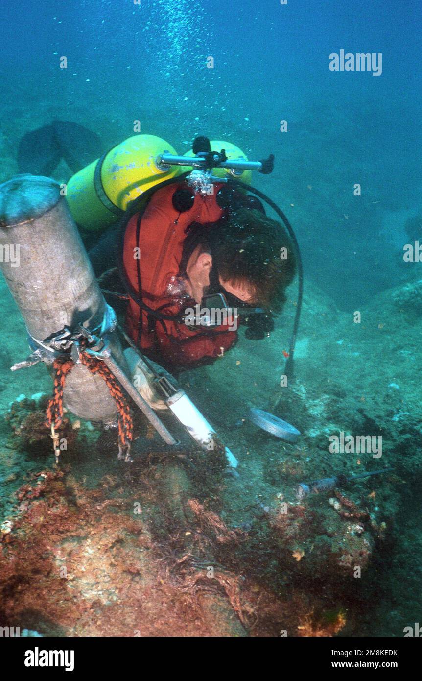 A member of Underwater Construction Team Two (UCT-2) drills holes in ...