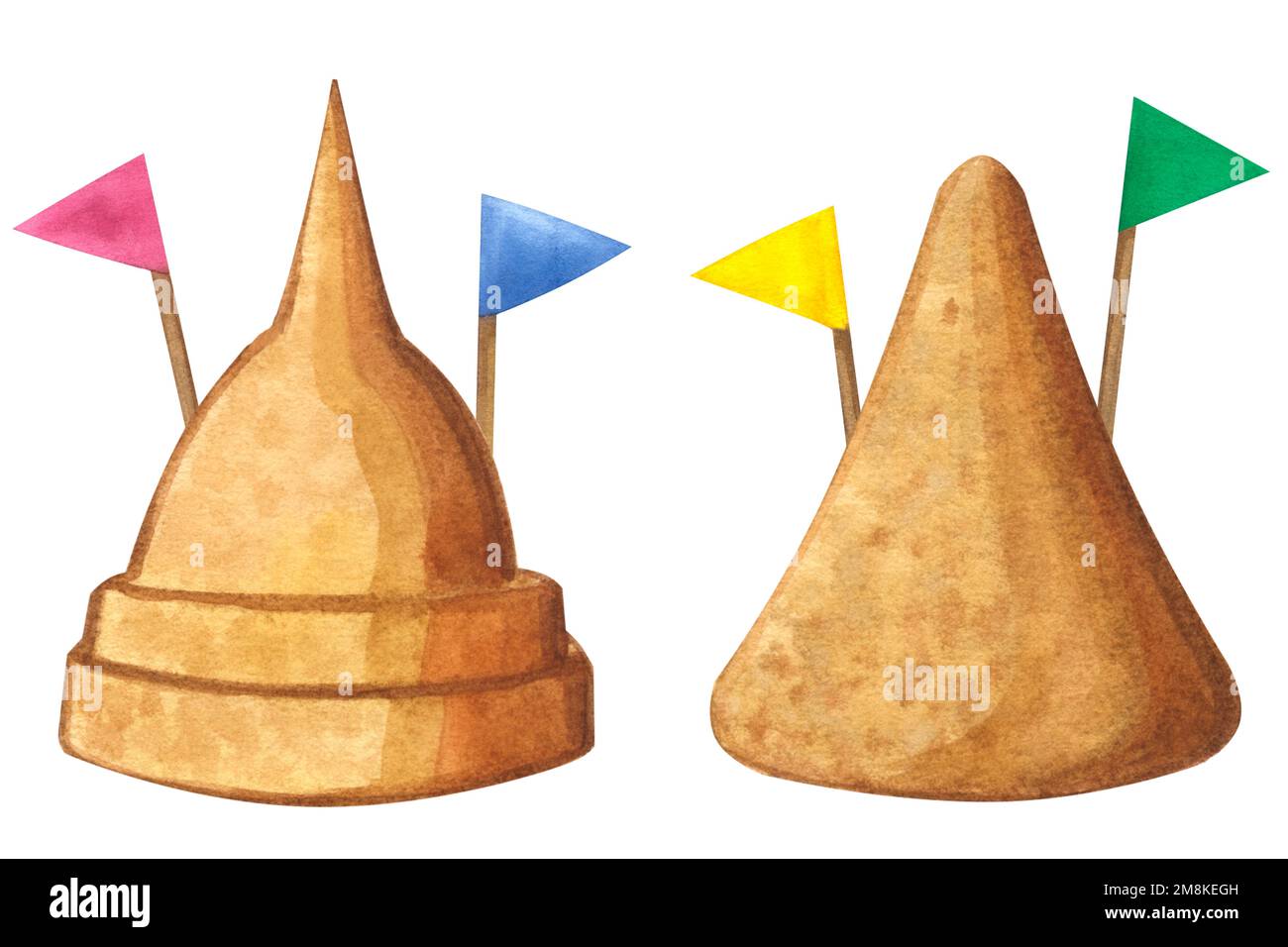 Sand pagodas decorated with colored flags. Songkran festival Thailand ...