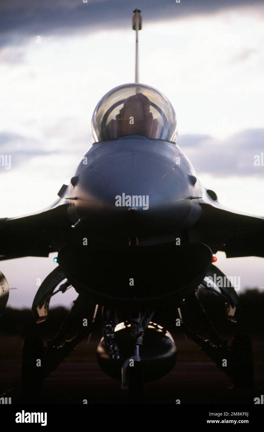 A close-up front view of an F-16 Fighting Falcon from the 13th Fighter ...