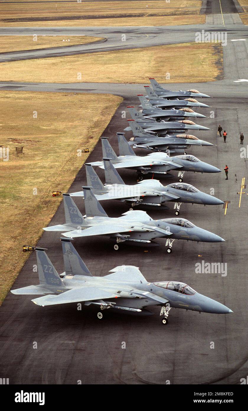 An overhead view of F-15 Eagles from the 44th Fighter Squadron, Kadena ...