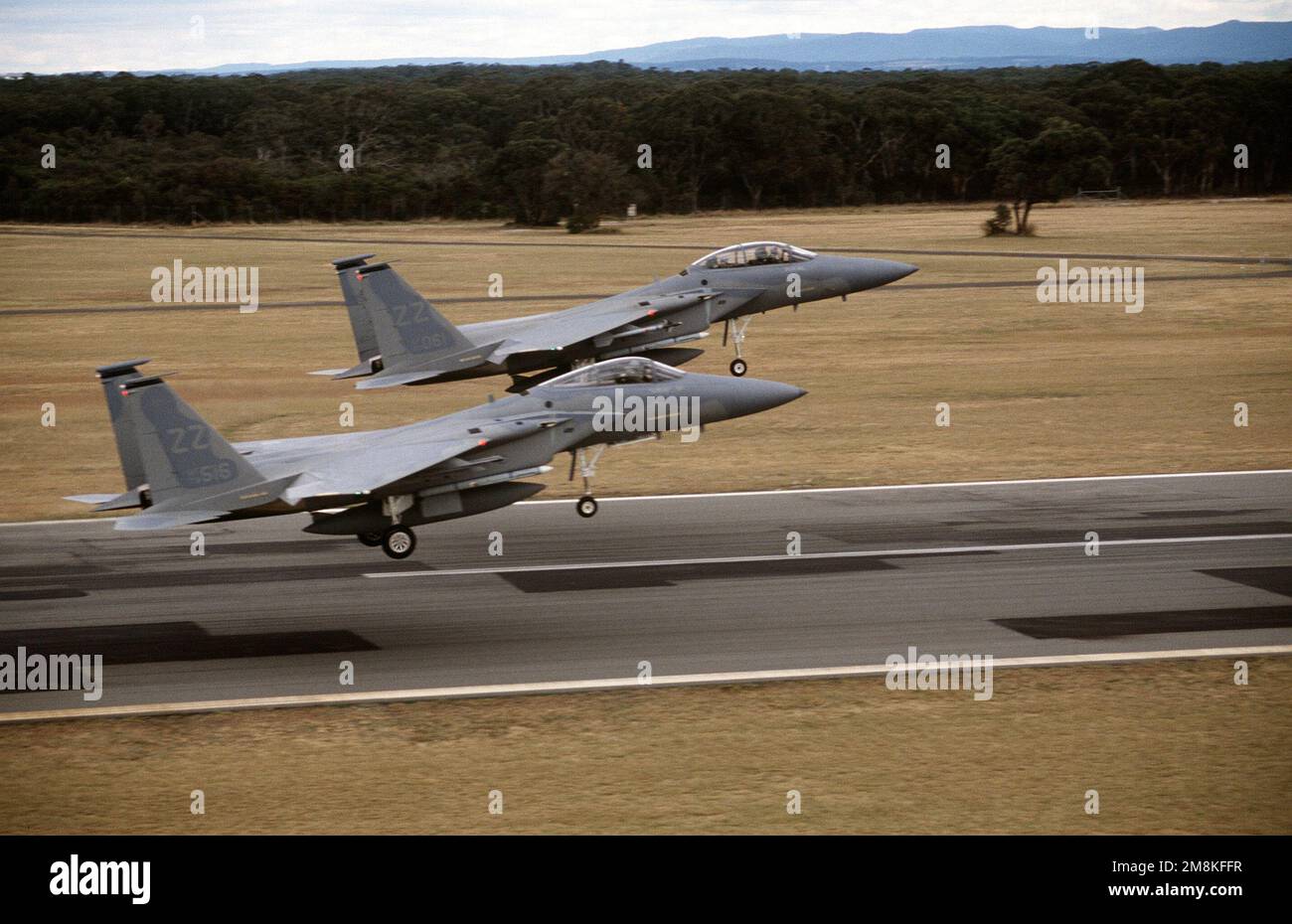 Right side view of a pair of F-15 Eagles from the 44th Fighter Squadron ...