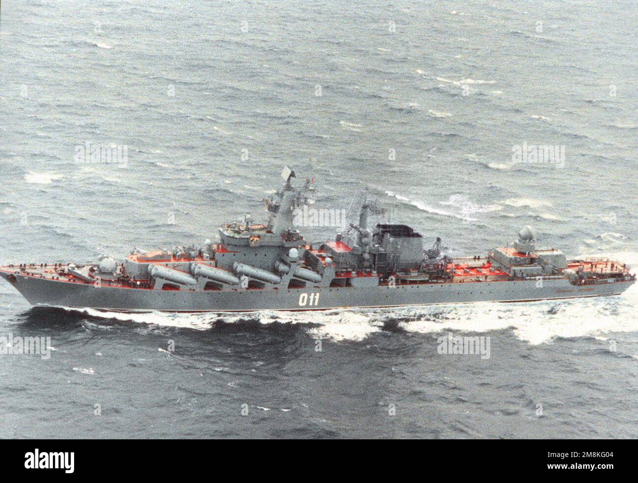 Aerial port side view of the Russian Navy Pacific Fleet Slava class ...