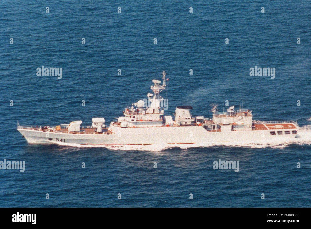 Aerial port beam view of the Chinese Navy Jiangwei class guided missile ...
