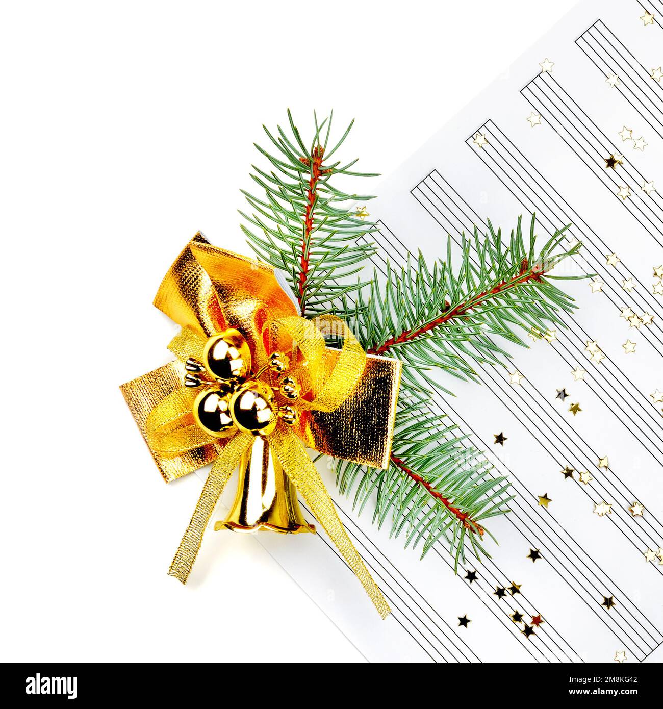 Christmas decorations and music sheet isolated on white background ...