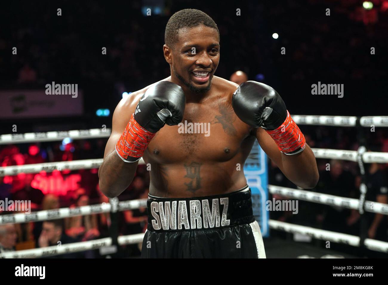 Swarmz celebrates winning the cruiserweight bout against Ryan Taylor at ...