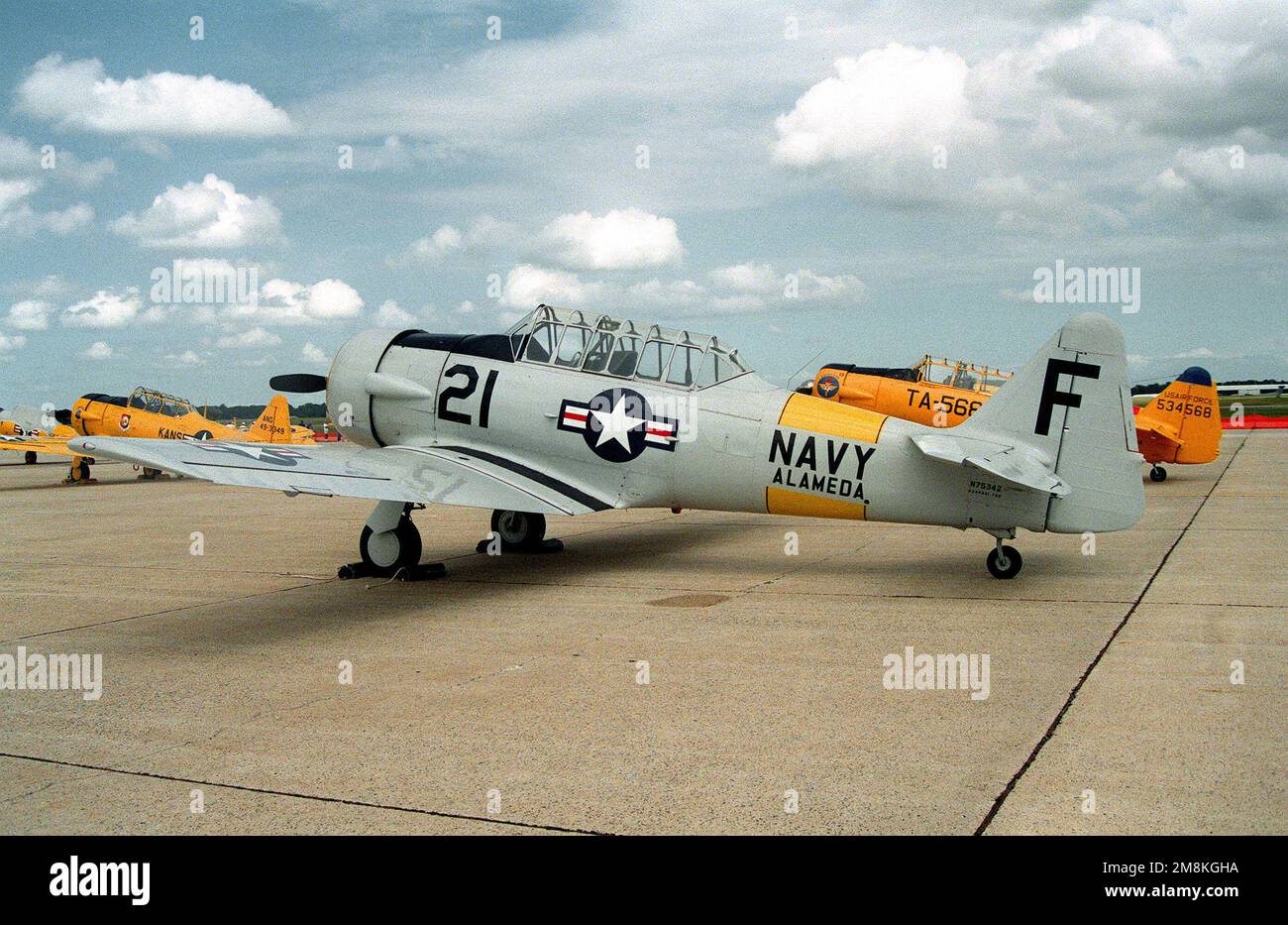 A left rear view of an SNJ Texan aircraft, in NAS Alameda paint scheme ...