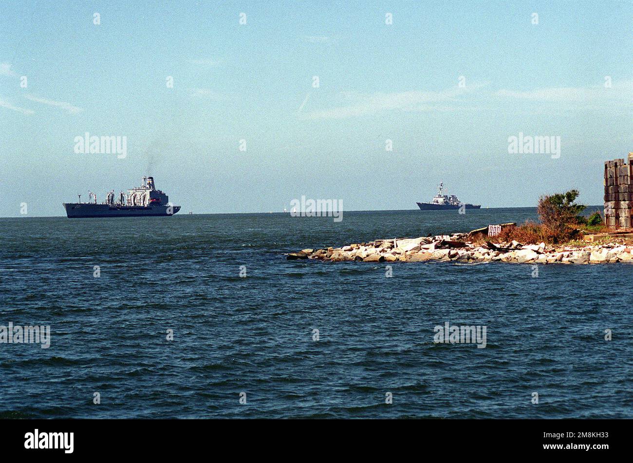 A view past olf Fort Wool showing the Military Sealift Command fleet ...