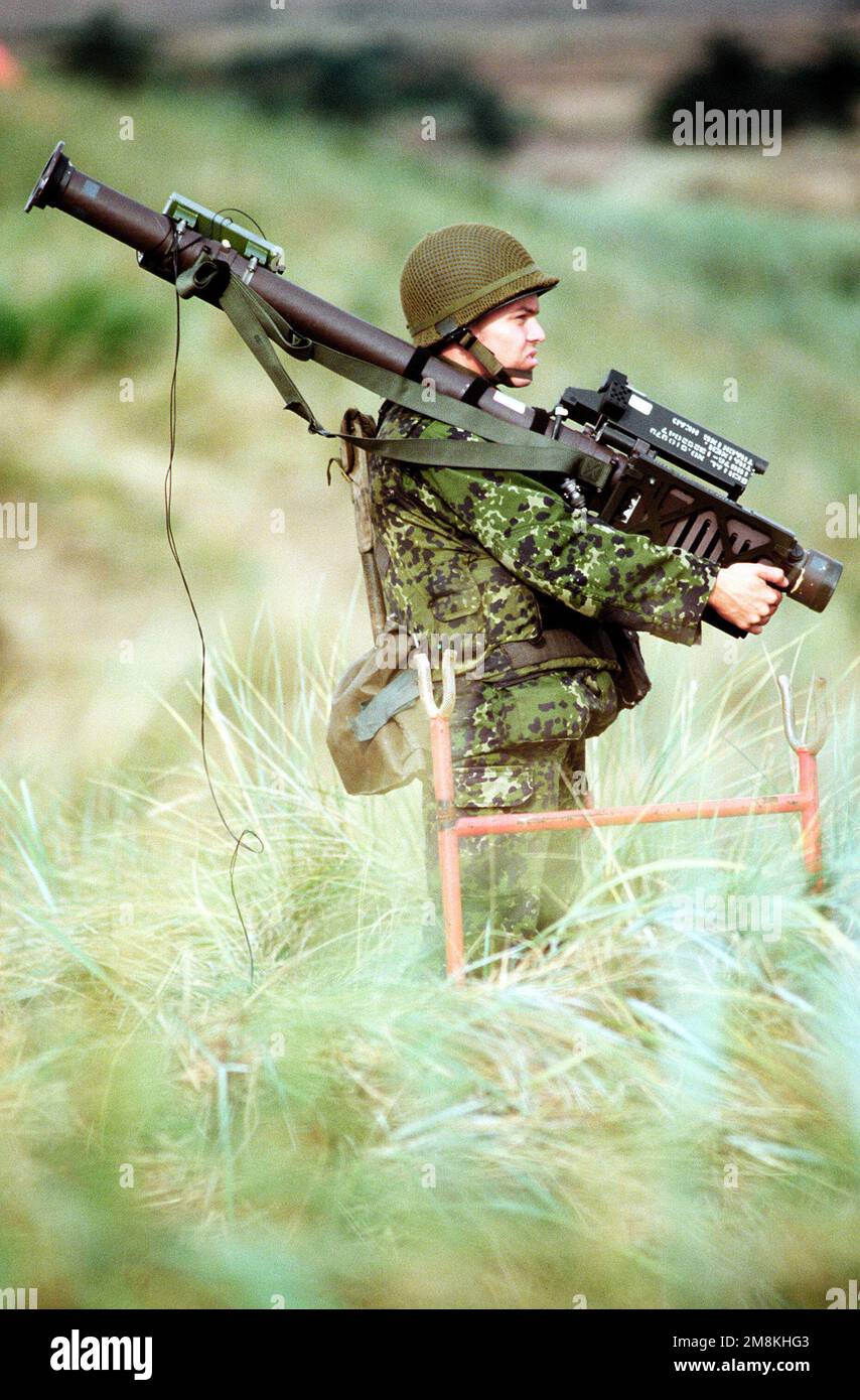 A member of the Danish Army stands and waits for a simulated aerial ...