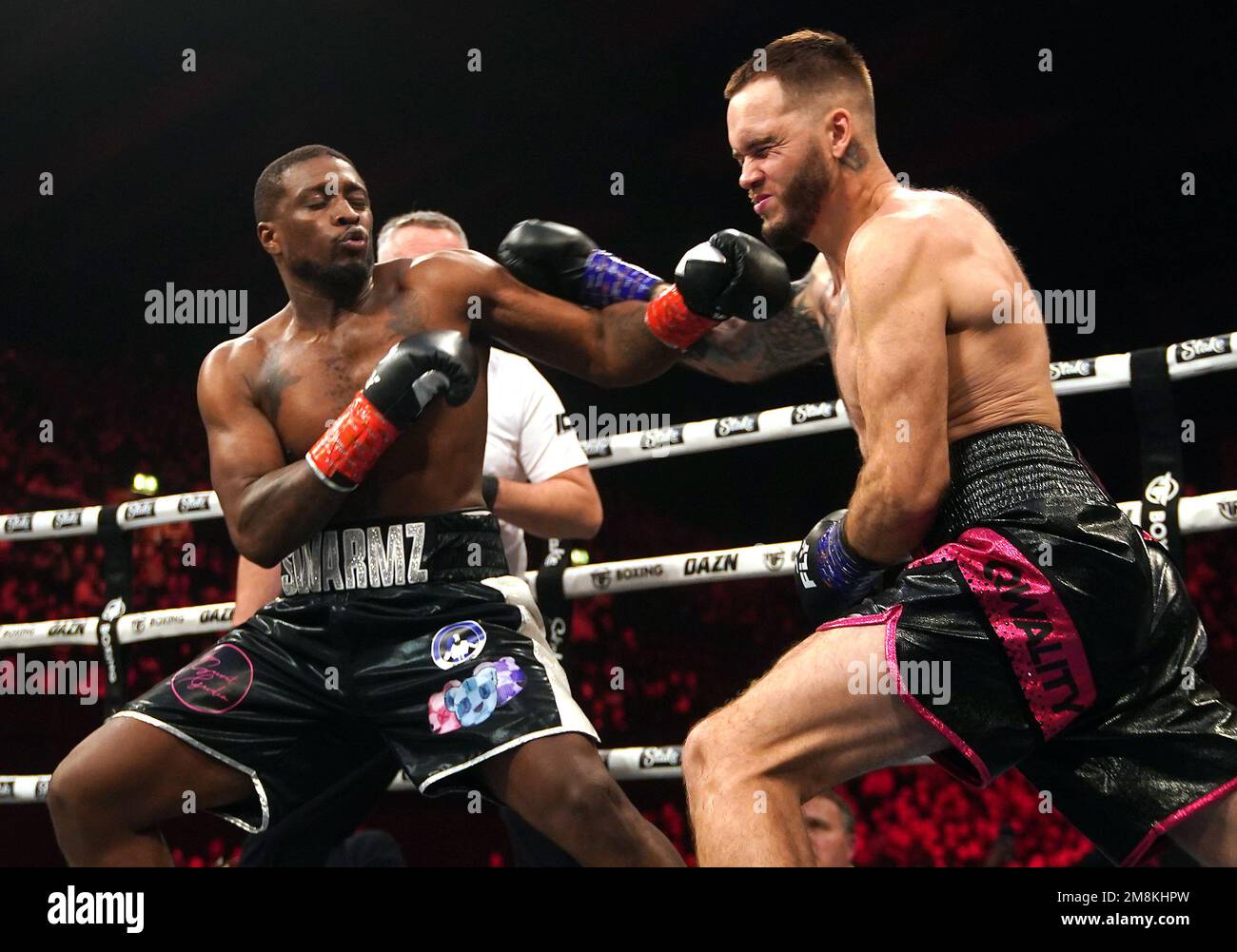 Swarmz (left) in action against Ryan Taylor in the cruiserweight bout ...