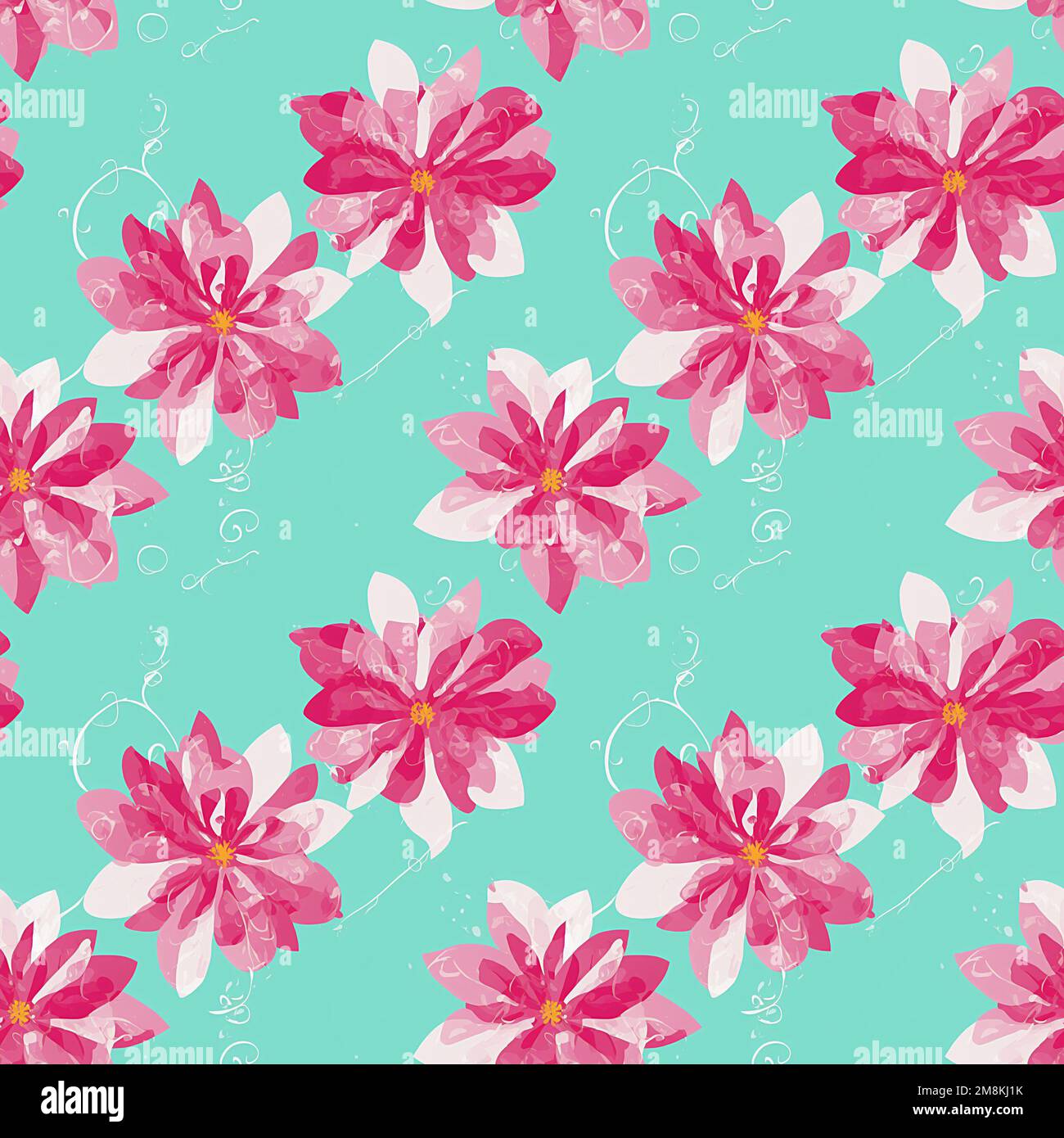 Round dance of pink flowers on a blue background. Seamless illustration ...